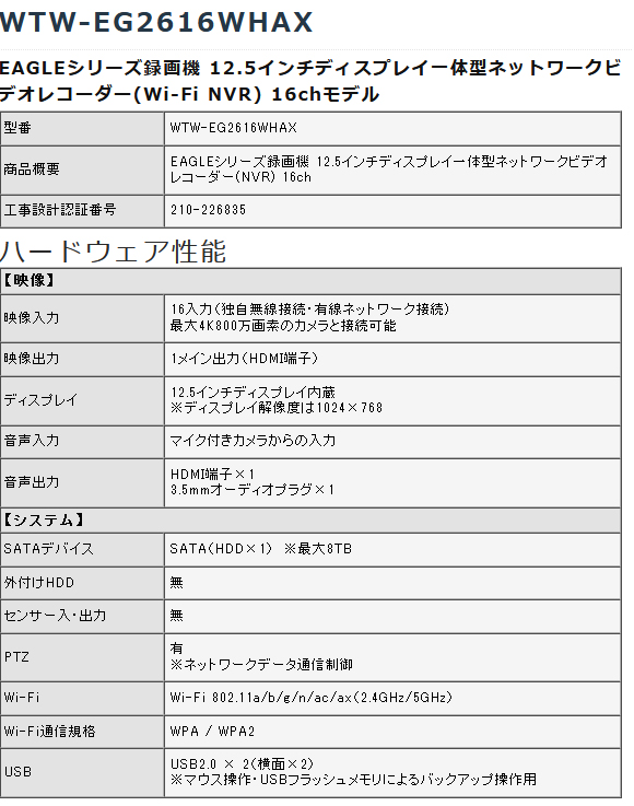 【WTW-EG2616WHAX】 EAGLEシリーズ録画機 12.5インチモニタ一体型ネットワークレコーダー 16chモデル（2～8TB選択）（代引不可・返品不可）